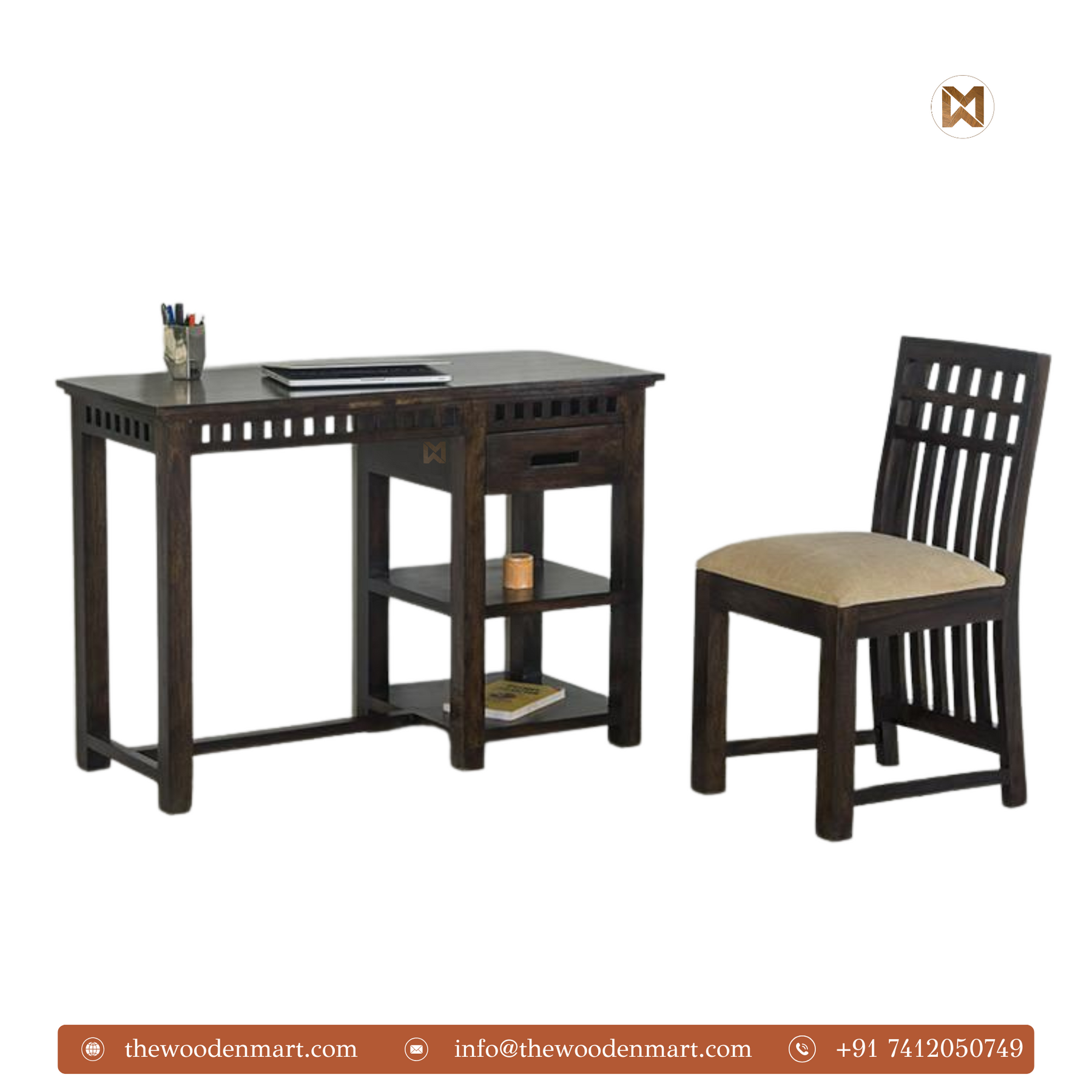 Sheesham Wooden Study Table with Chair, Drawer & Open Shelves– The ...