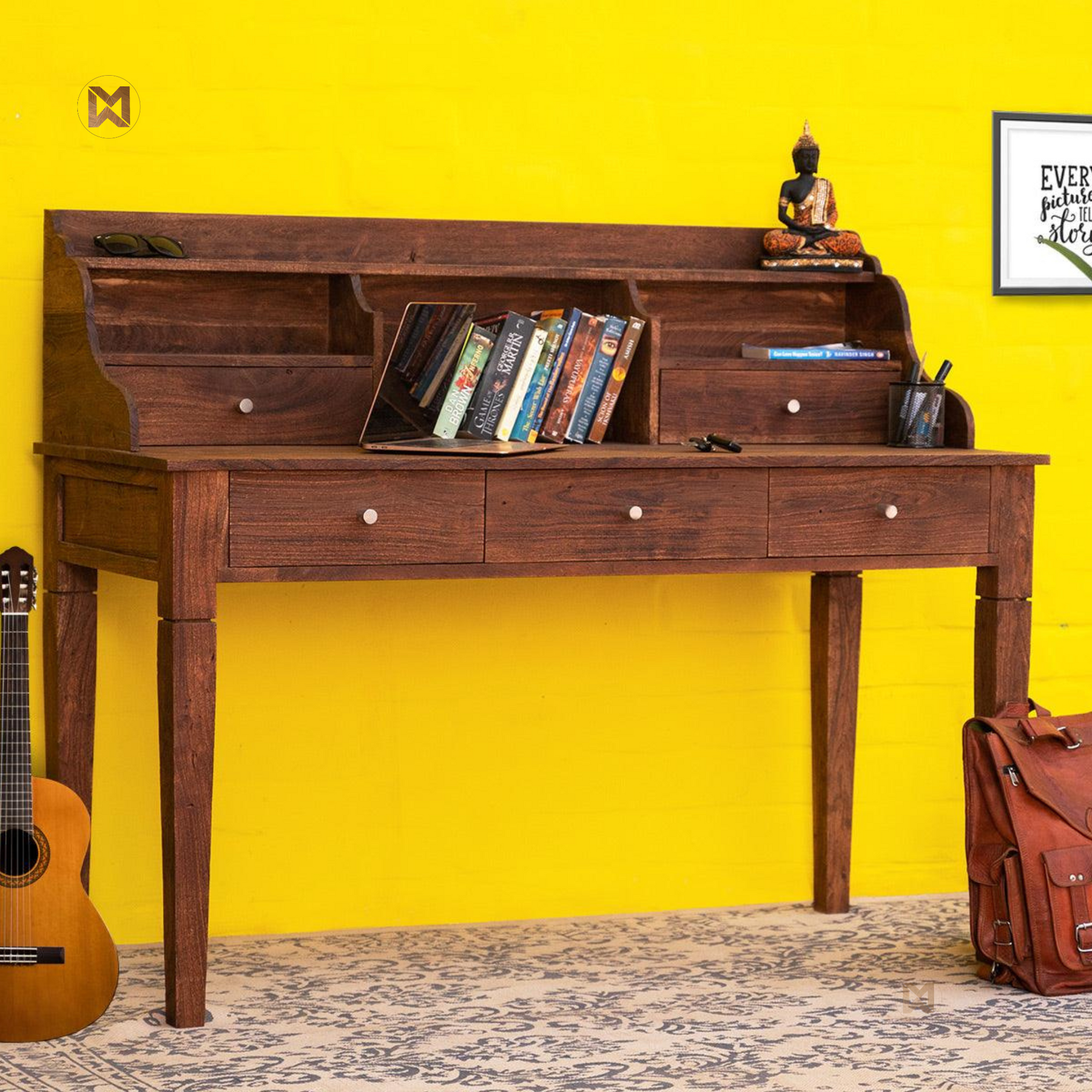Spacious Solid Sheesham Wood Study Table with Shelves and Drawers– The ...
