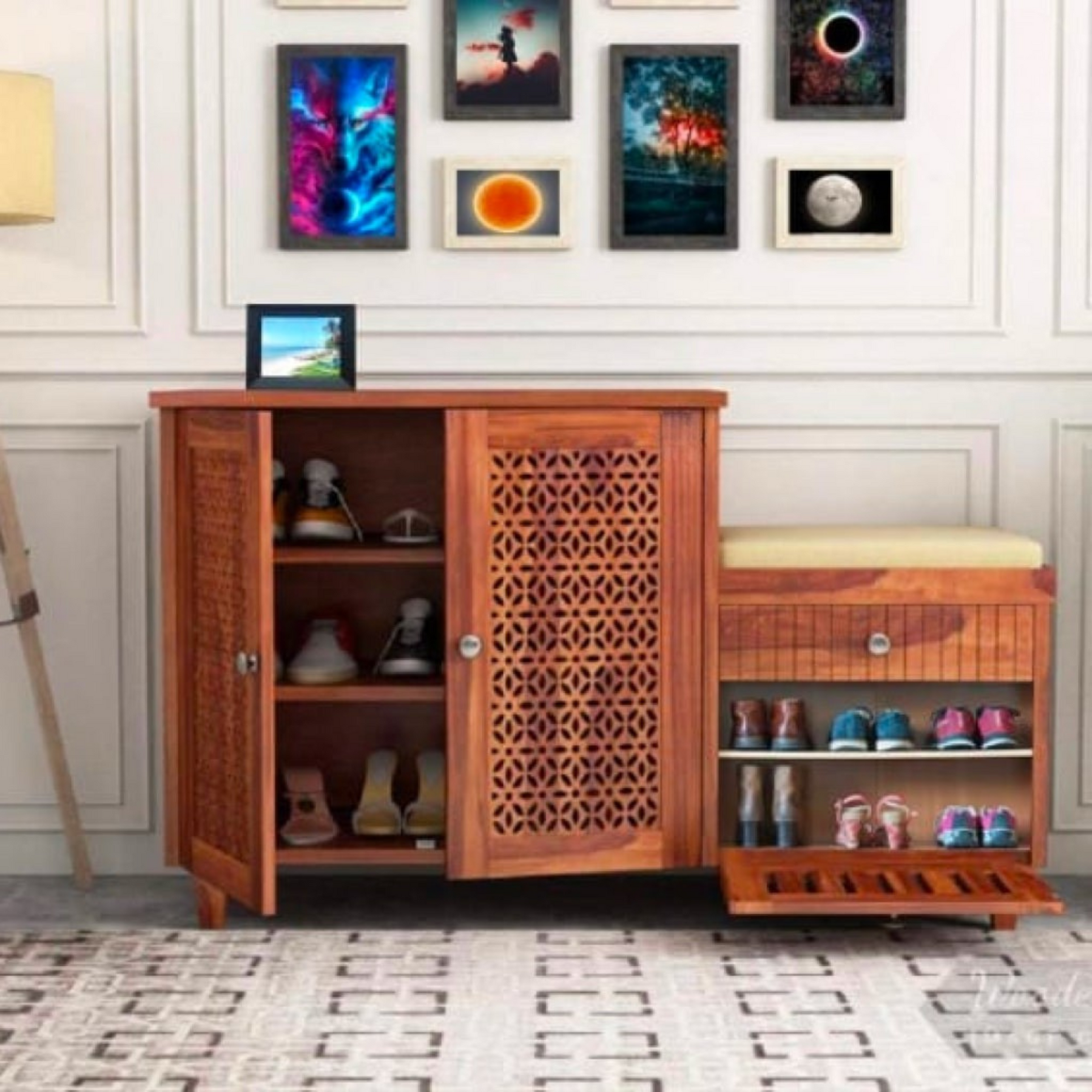 Wooden Shoe Rack with Carved Jali Doors & Seat – A Classy Organizer ...
